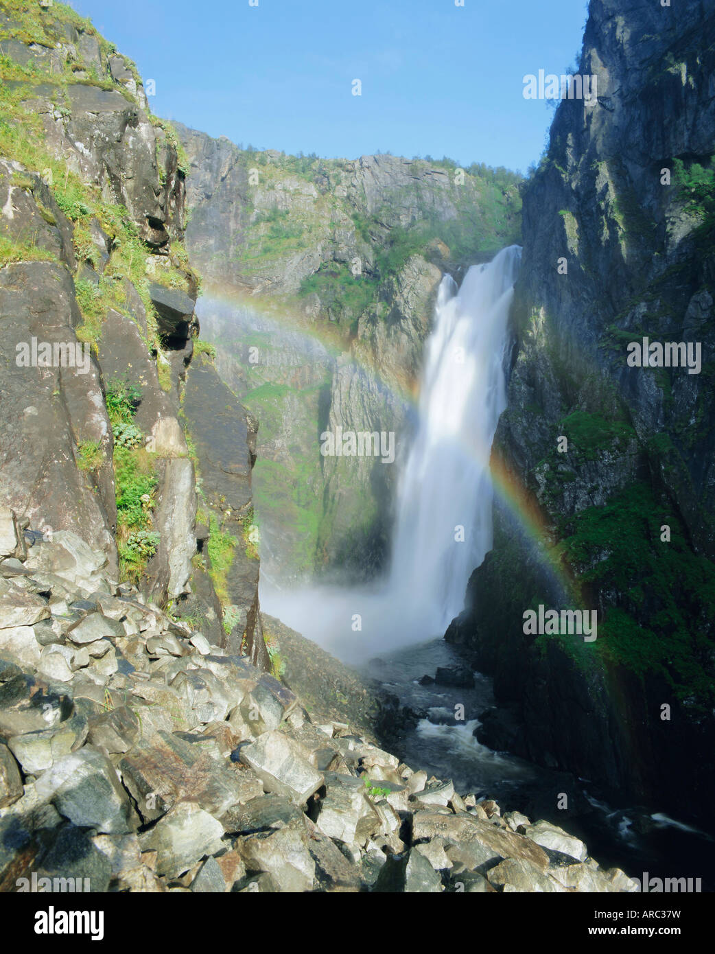 Rainbow and Voringsfossen waterfall, Hardanger region, Norway ...