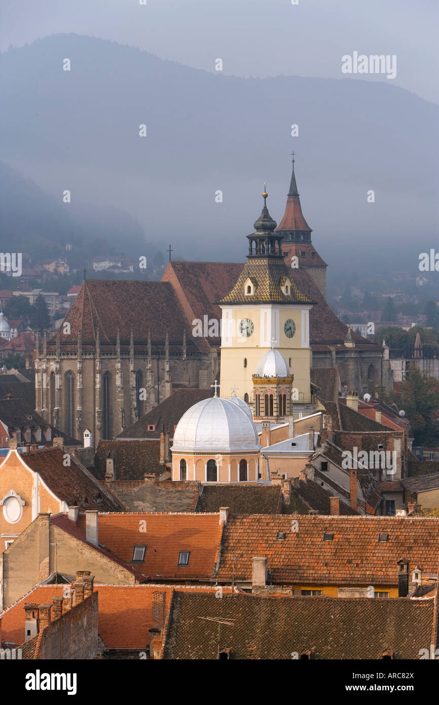 Elevated view over the centre of medieval Brasov, Brasov, Transylvania ...