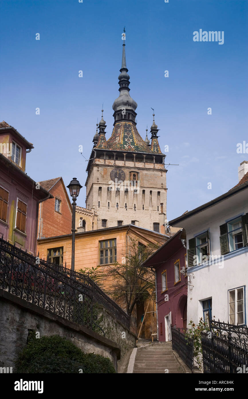 Clock tower, in the medieval old town or citadel, Sighisoara ...