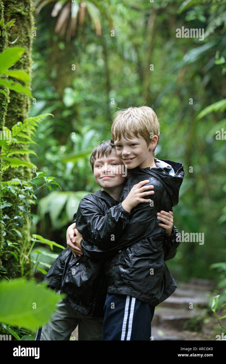 Two young boys hug on walk in rainforest canopy walkway, on family ...