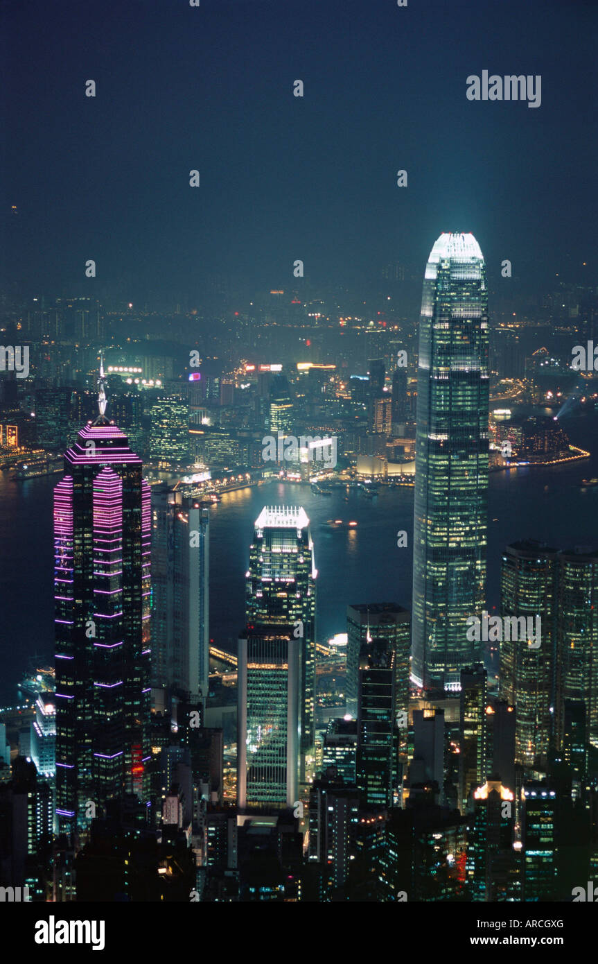 Two IFC Building on right and skyline at night, Hong Kong, China, Asia ...