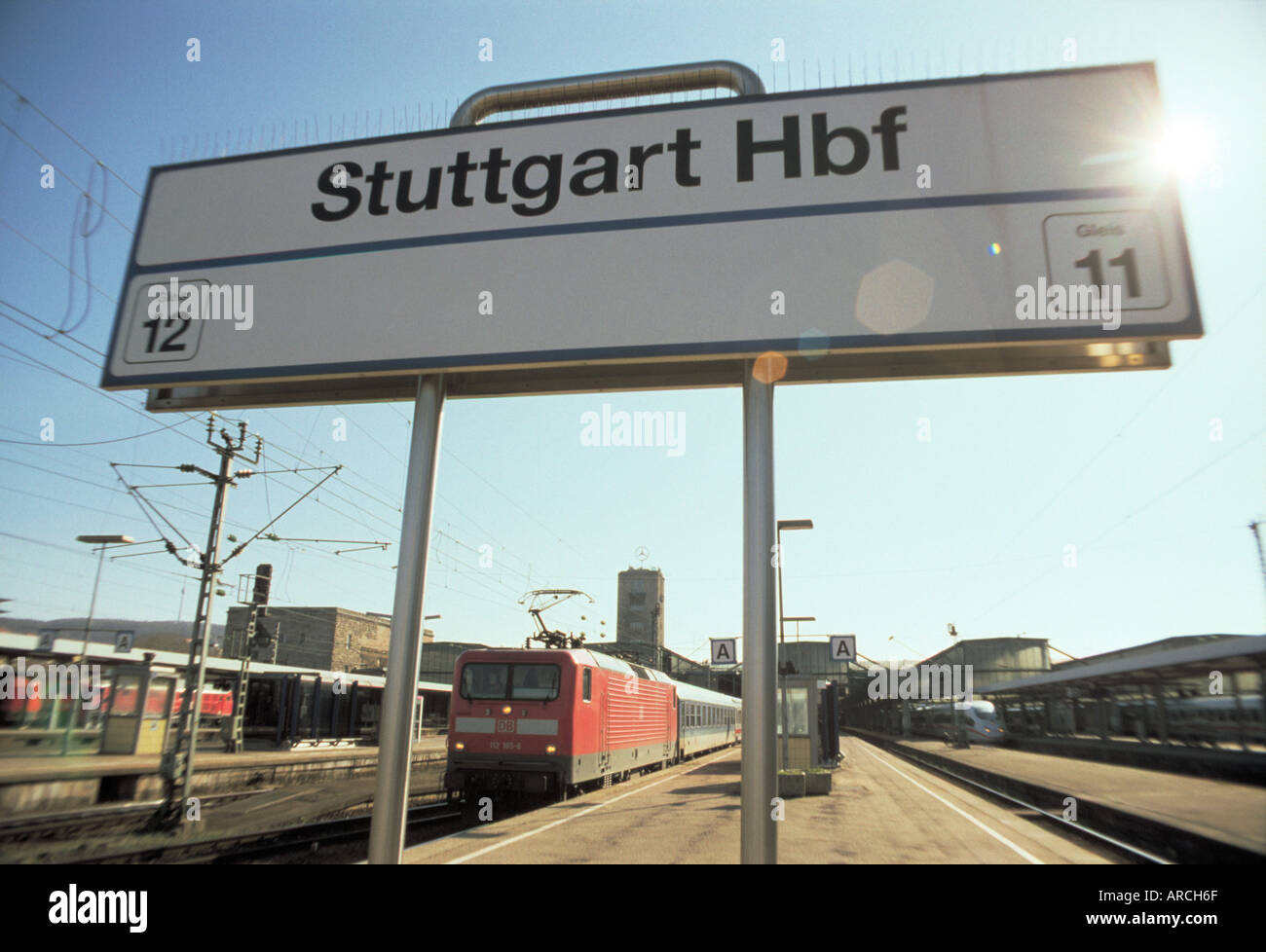 Sign on a platform in the main station of Stuttgart which was designed ...