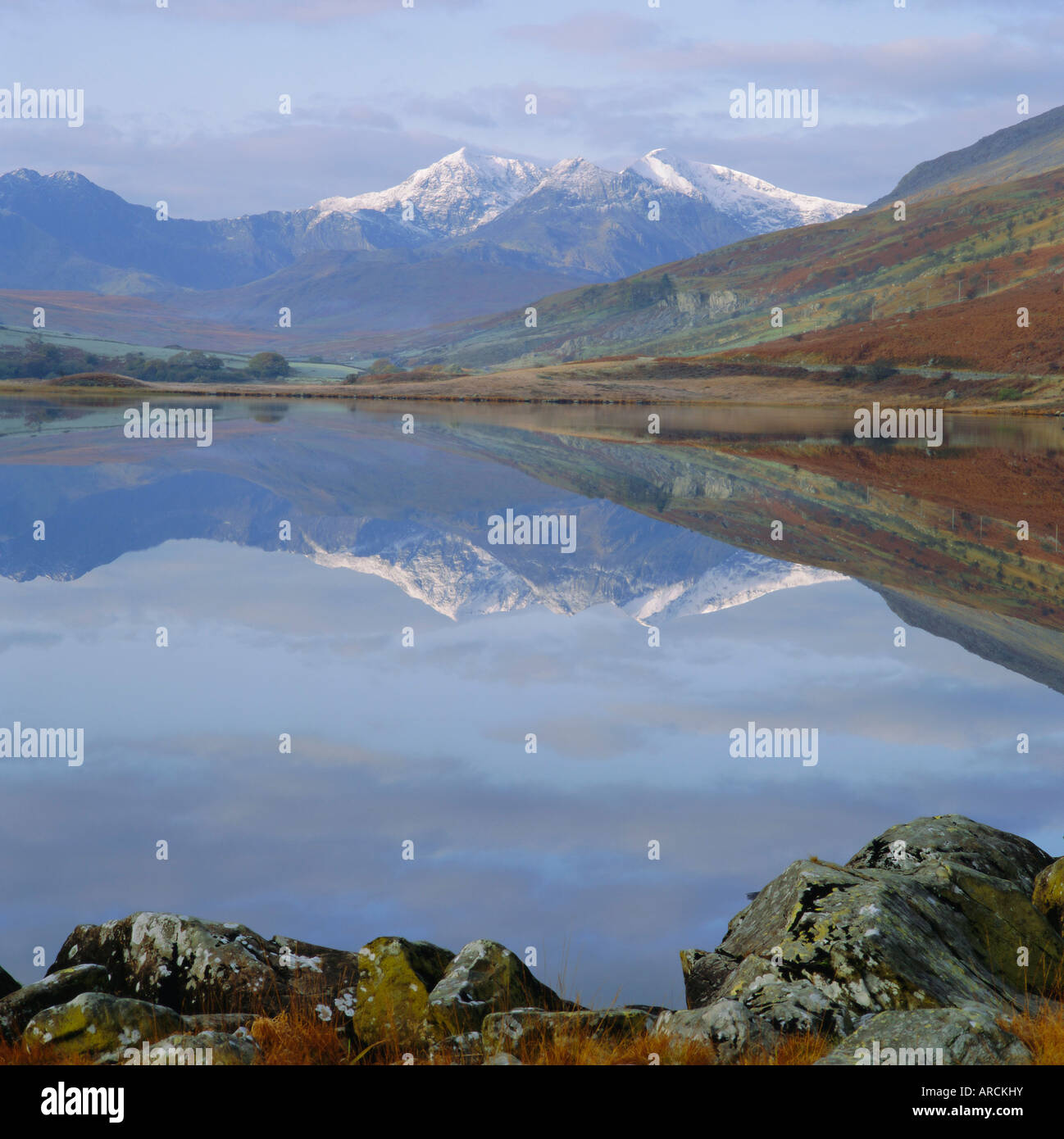 The Snowdon range from Capel Curig across Llynnau Mymbr (Llyn Mymbyr ...