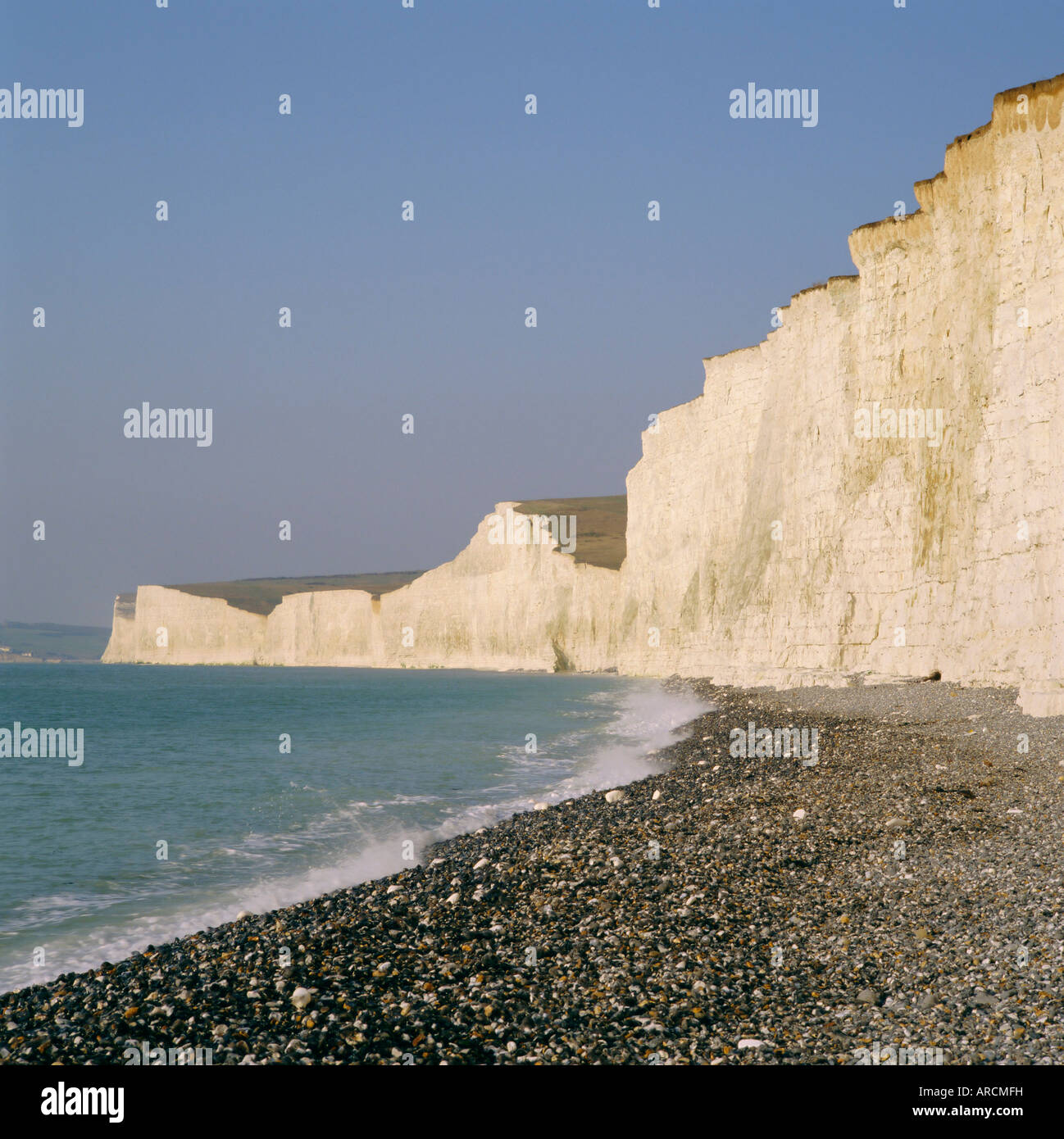 The Seven Sisters chalk cliffs seen from the beach at Birling Gap, East ...