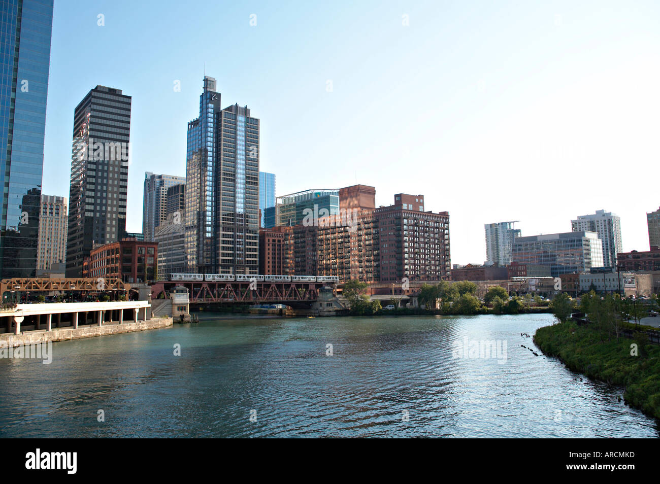 RIVER Chicago Illinois Wide expanse of river through downtown el train ...