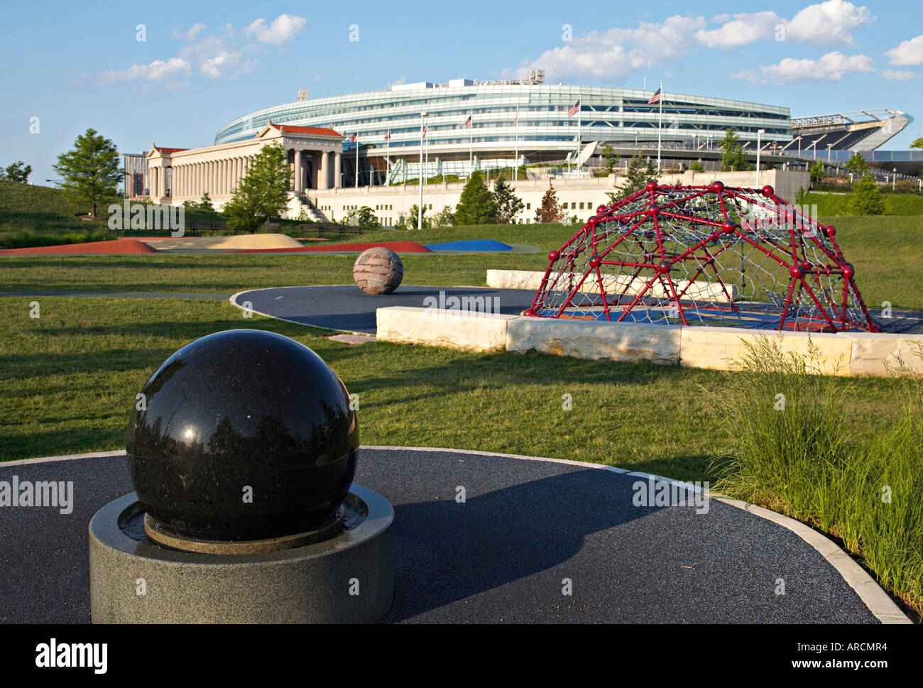 ILLINOIS Chicago Rolling sphere fountain in childrens playground near ...