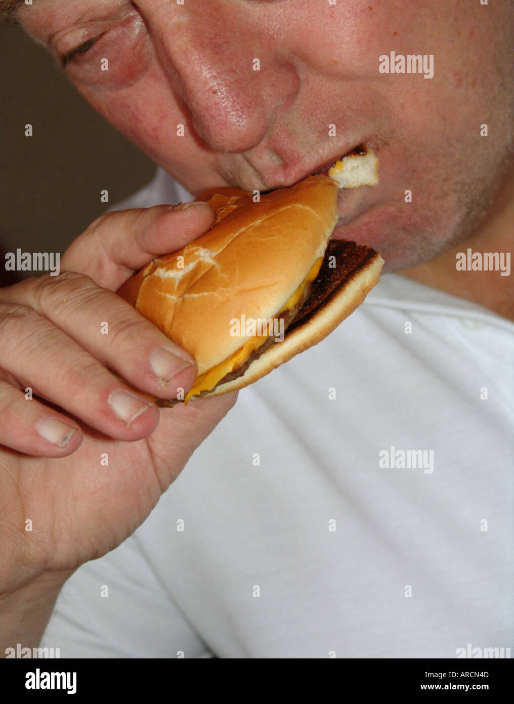 Overweight male eating a fast food cheese burger UK 2005 Stock Photo ...