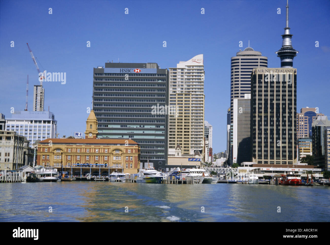 City ferry port terminal and Sky Tower, Auckland, North Island, New ...