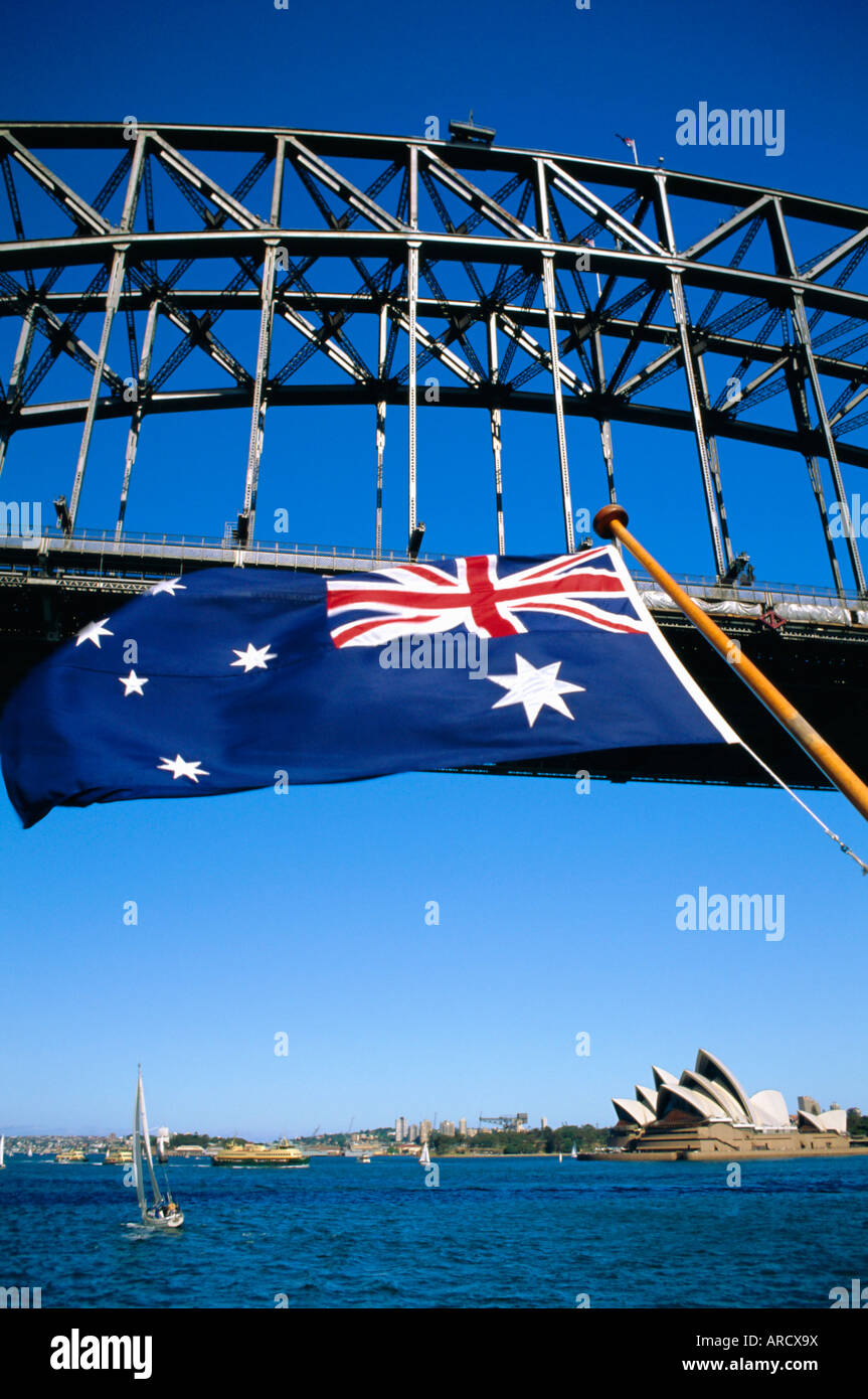 Flag, Sydney Harbour Bridge and Opera House, Sydney, New South Wales ...
