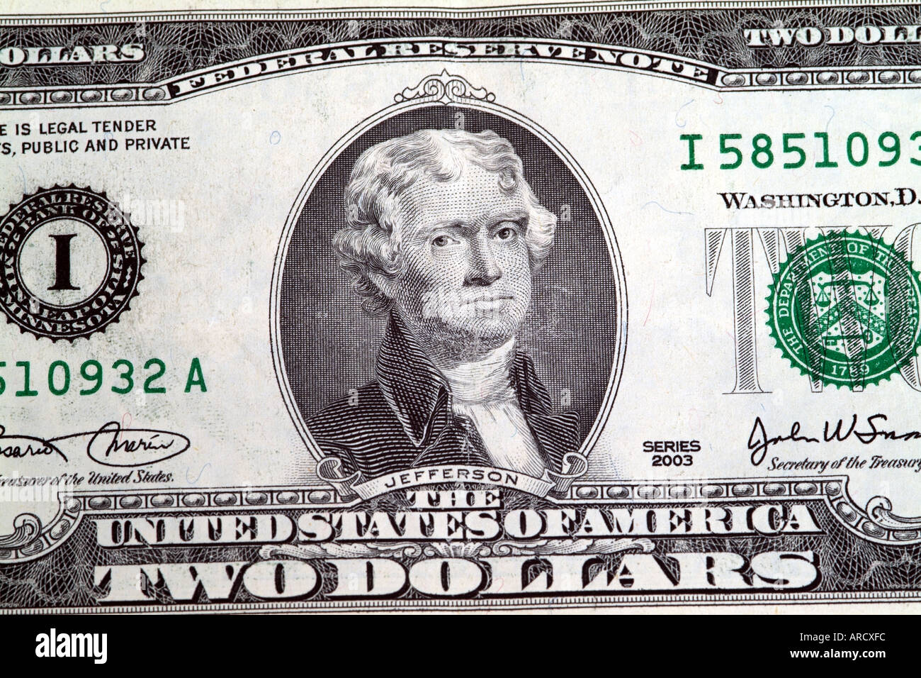Jefferson on a rare two dollar USA bill or banknote Stock Photo - Alamy