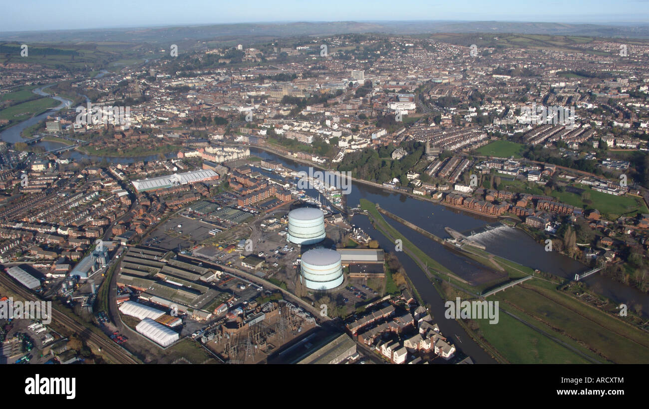 Exeter city from the air overlooking the industrial estate and canal ...