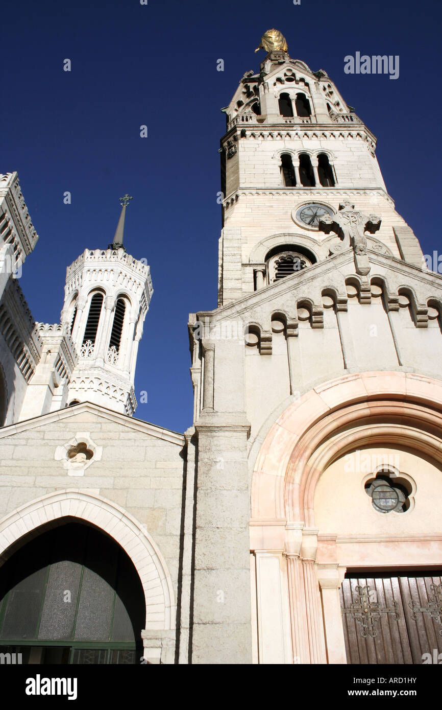 Beautiful catholic cathedral with a big tower; isolated on dark blue ...