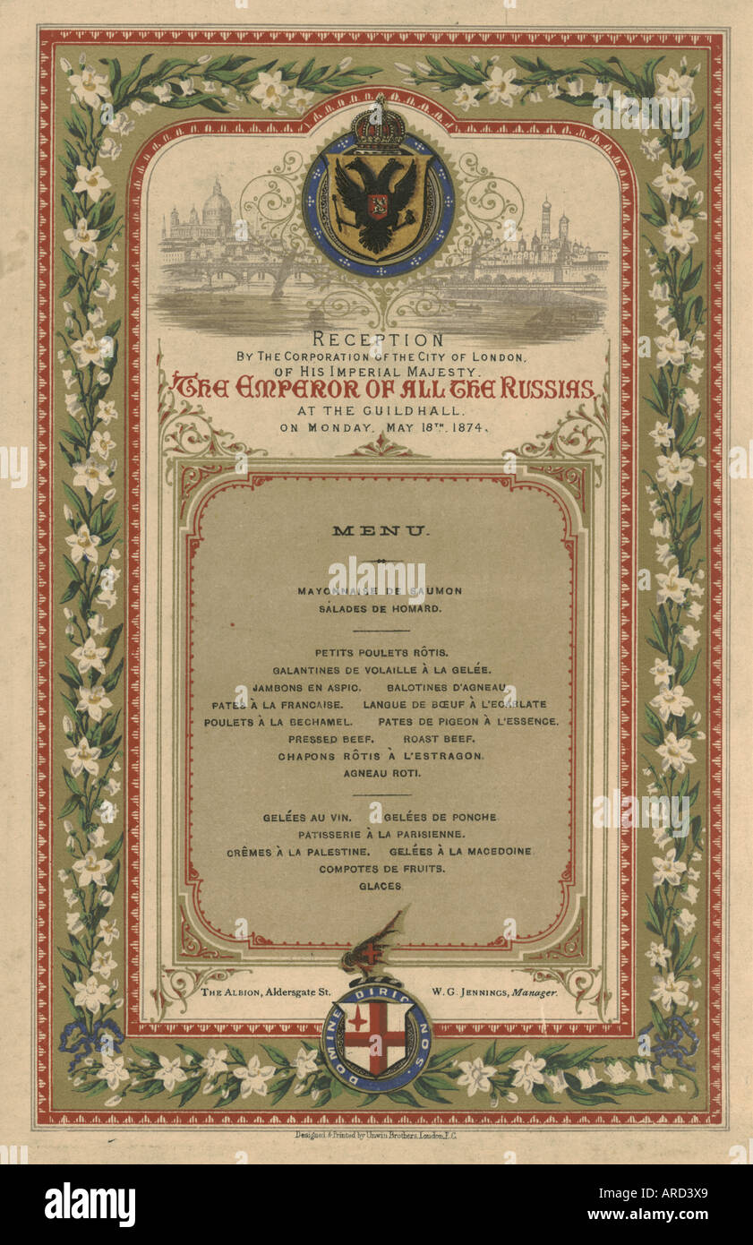 Chromolithographed and gilded menu for the London reception of the ...