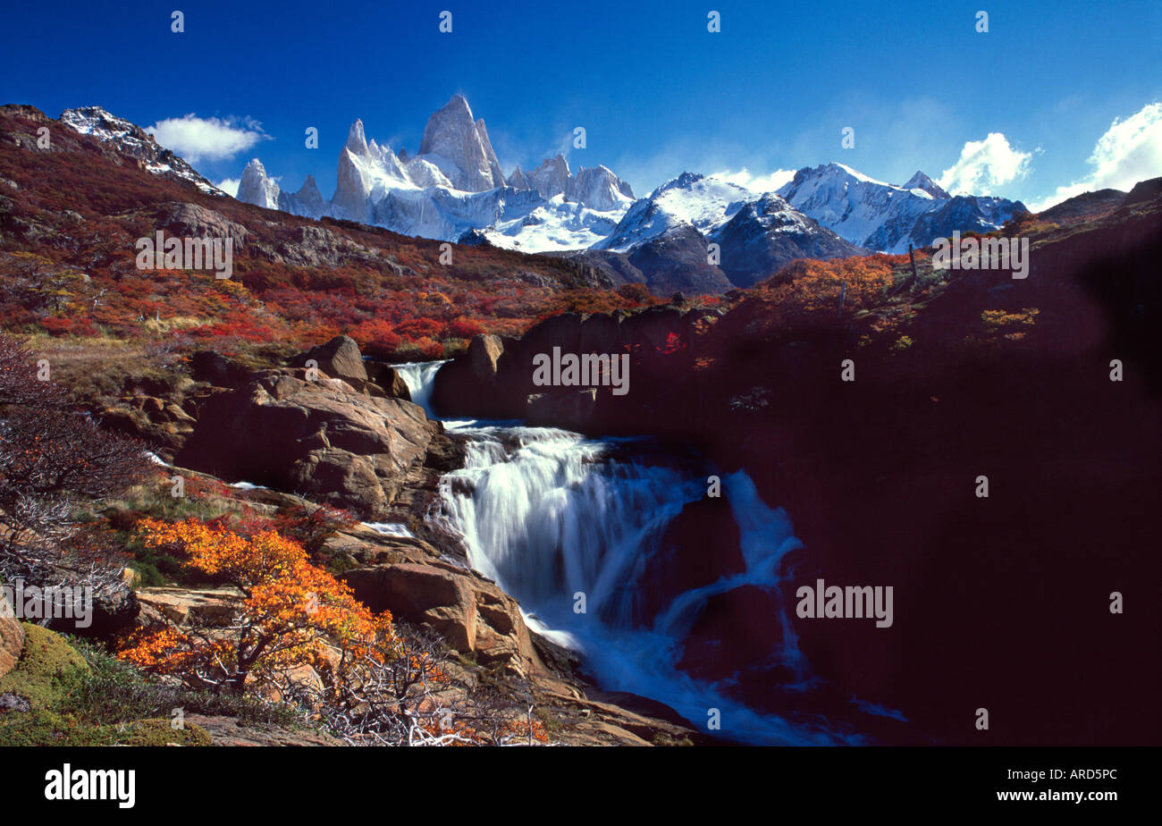 Mt Fitz Roy and waterfall, Parque Nacional los Glaciares, Patagonia ...
