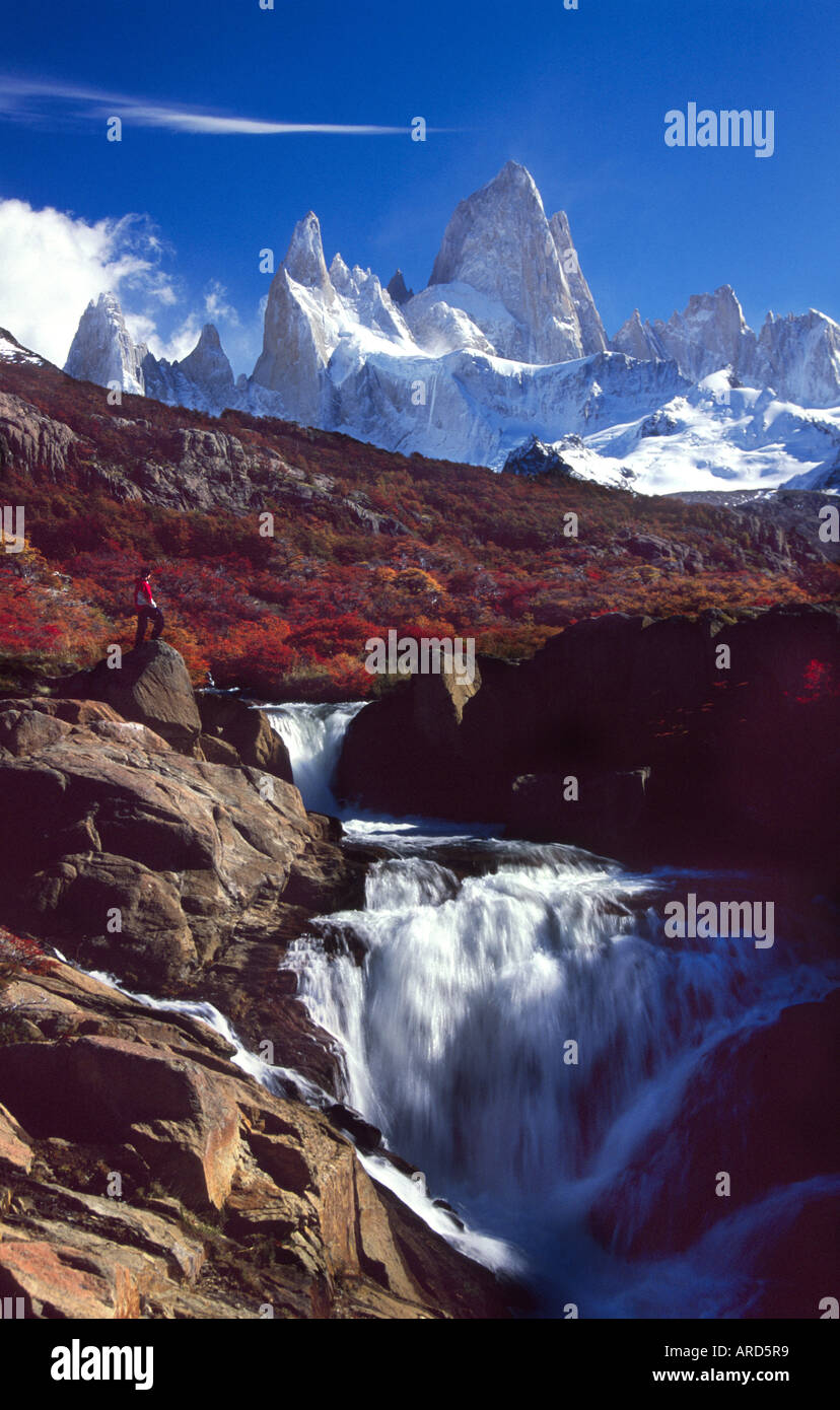 Mt Fitz Roy and waterfall, Parque Nacional los Glaciares, Patagonia ...