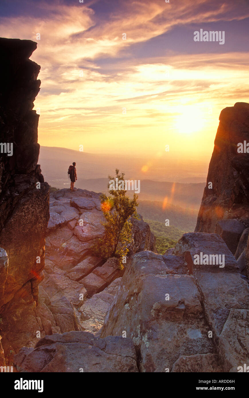 Hiker on Humpback Rocks at Sunset, Blue Ridge Parkway, Virginia, USA ...