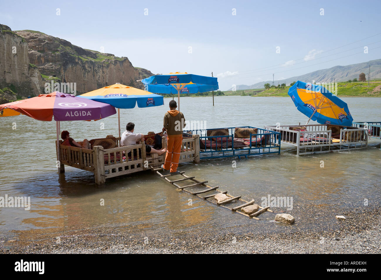 Riverside restaurant Hasankeyf on the Tigris River Batman Turkey Stock ...