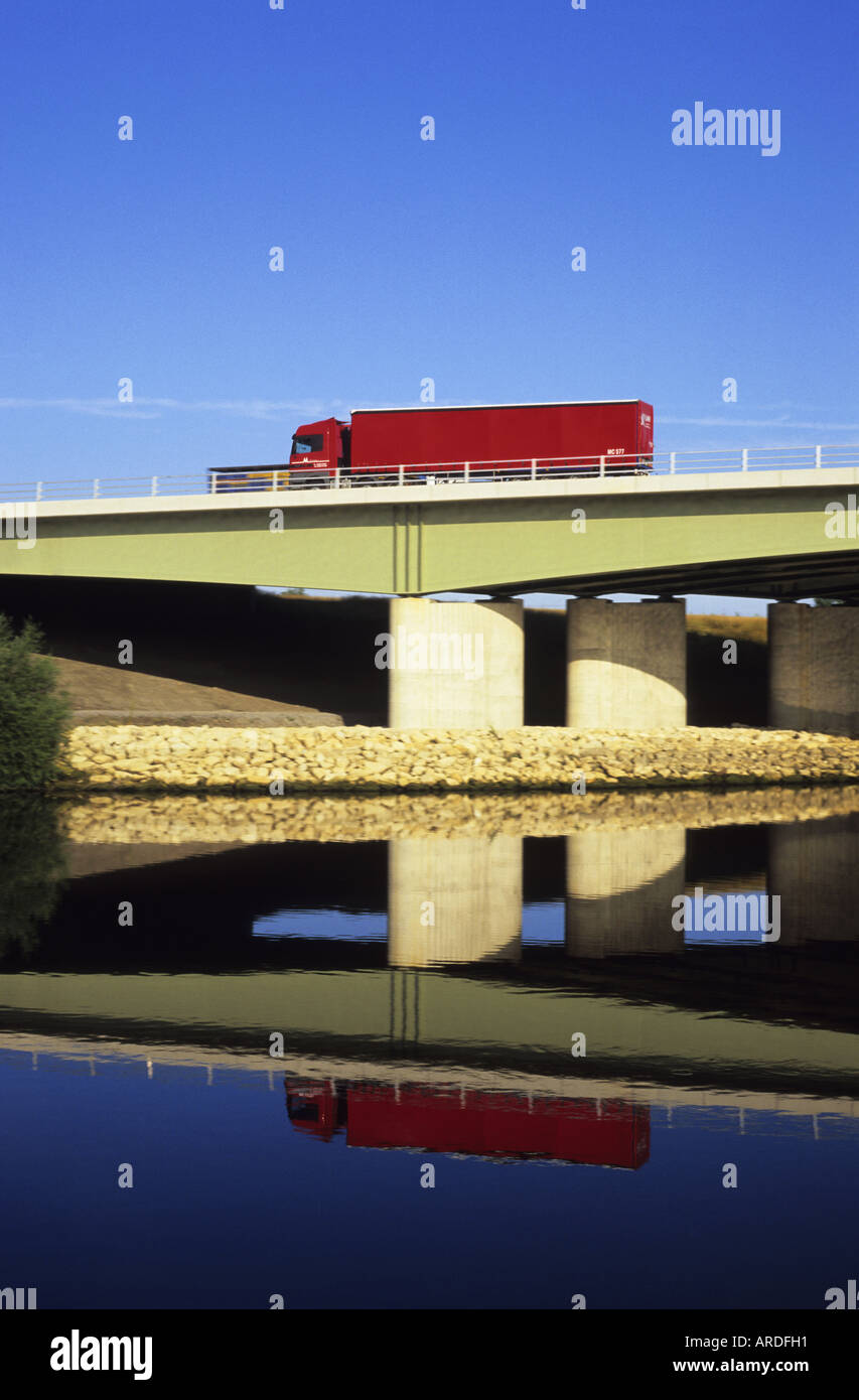 lorry travelling on the A1/M motorway crossing bridge above the river ...
