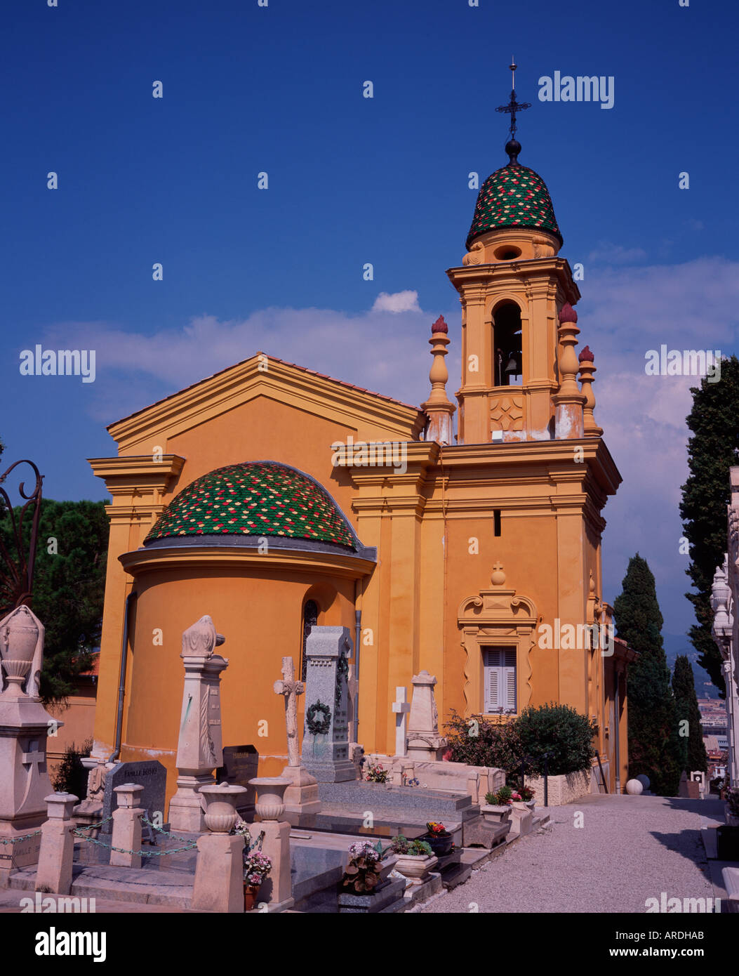 Orange painted chapel in the cemetery of Cimiez, Nice, France Stock ...