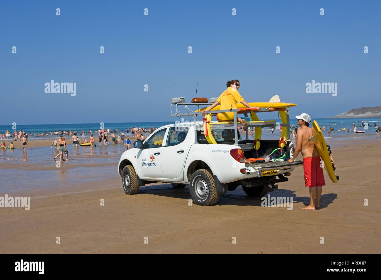RNLI Beach Lifeguards Rescue vehicle on crowded beach in August ...