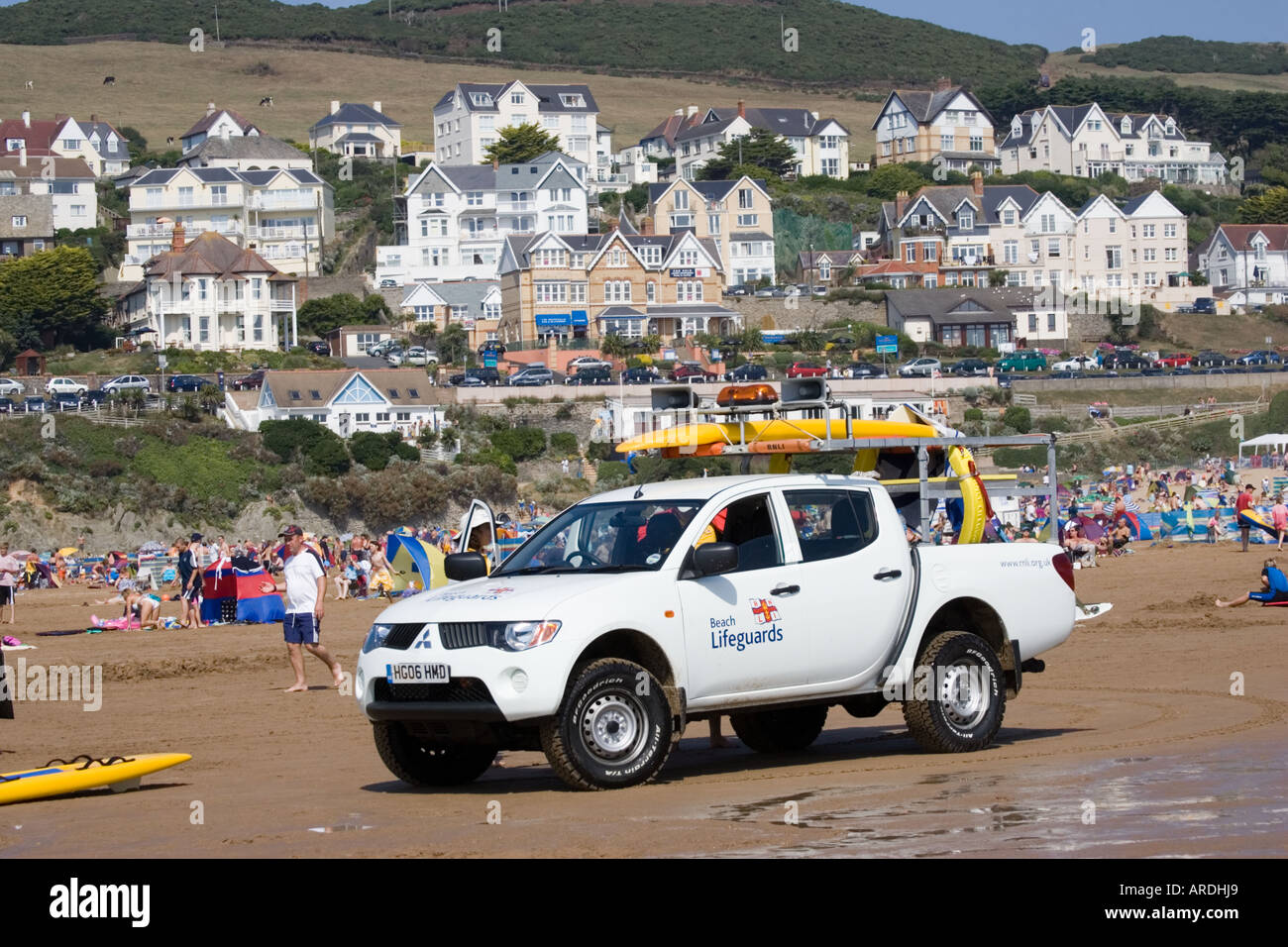 RNLI Beach Lifeguards Rescue vehicles on crowded beach in August ...