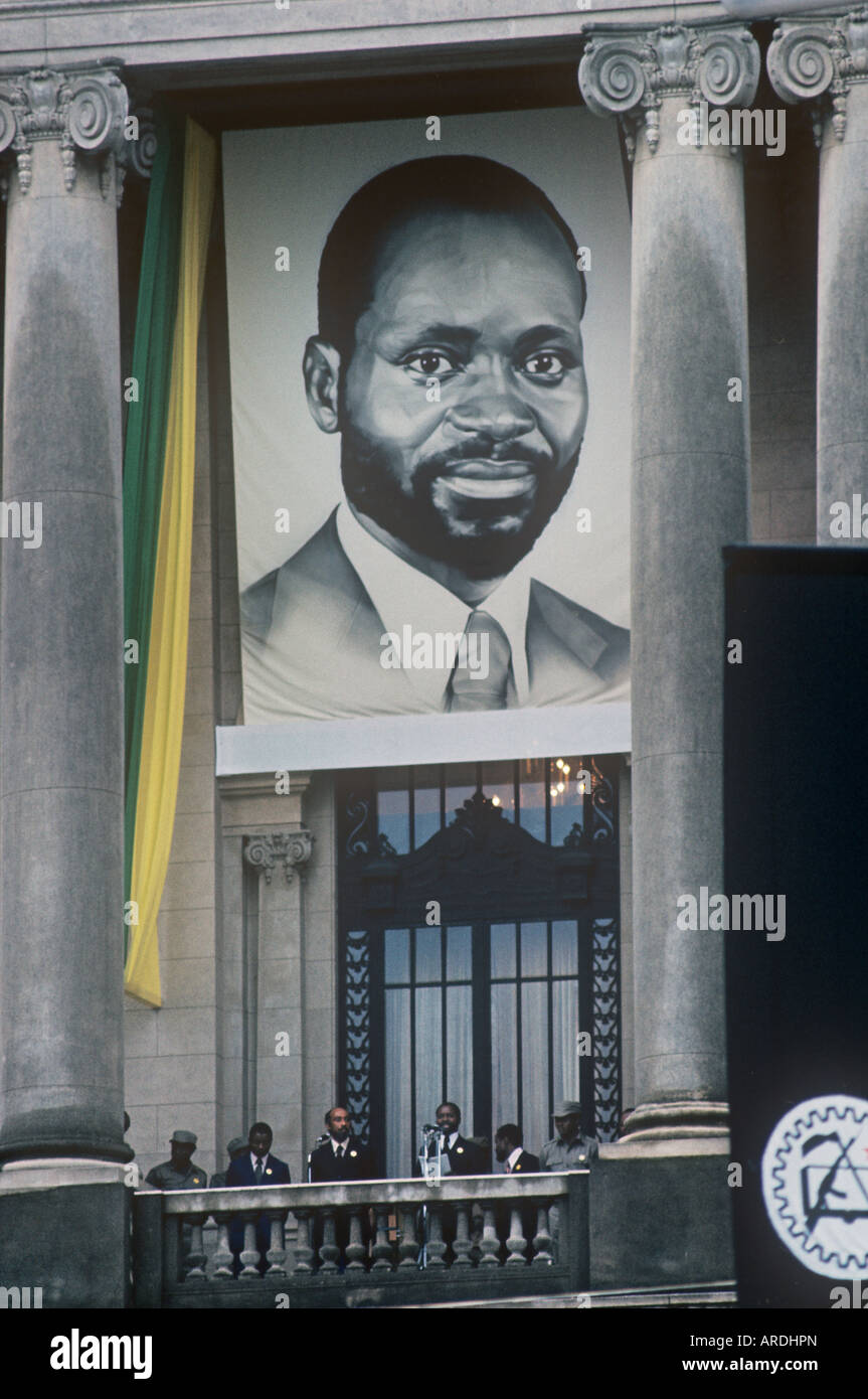 Under his huge portrait Samora Machel first president of Mozambique ...