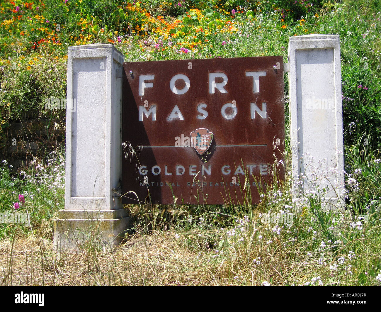 Old Fort Mason sign at the entrance to the Golden Gate, San Francisco ...