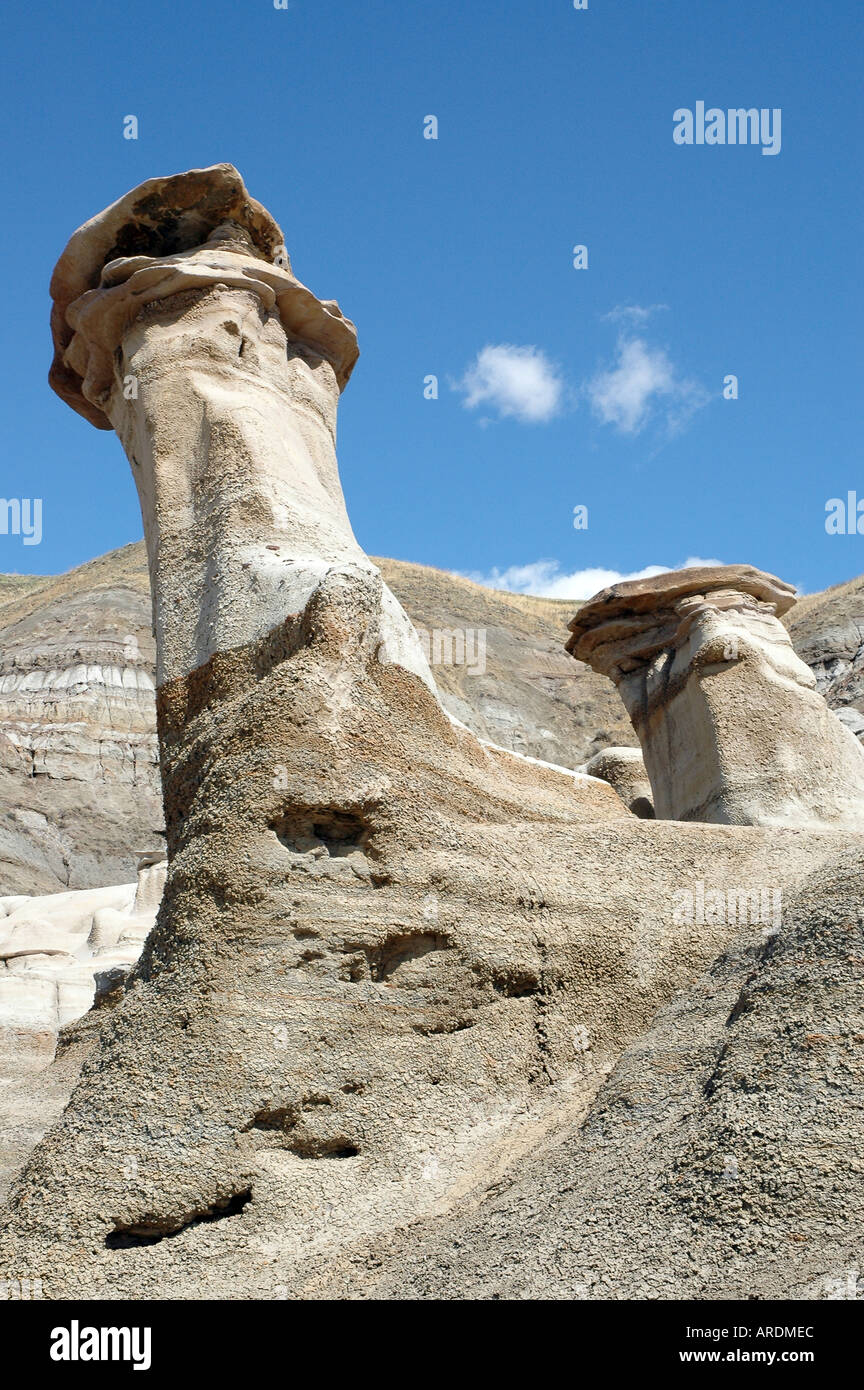 Unusual rock formations called hoodoos stand east of Drumheller Alberta ...