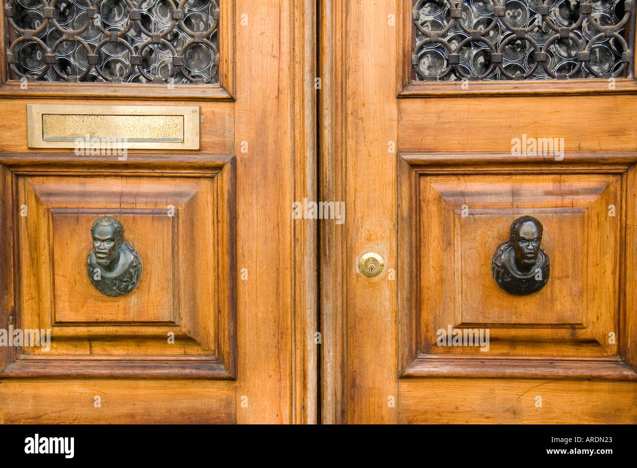 Brass head door handles mail slot and Venitian glass in wooden doors ...