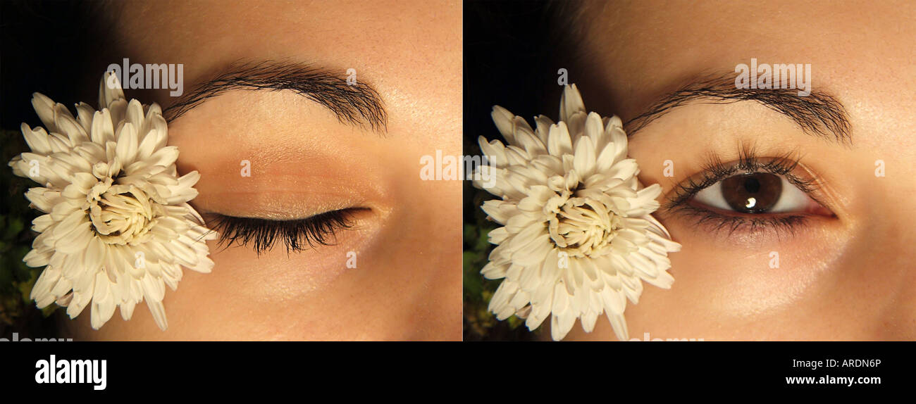 Girl face with open/close eye and flower Stock Photo - Alamy