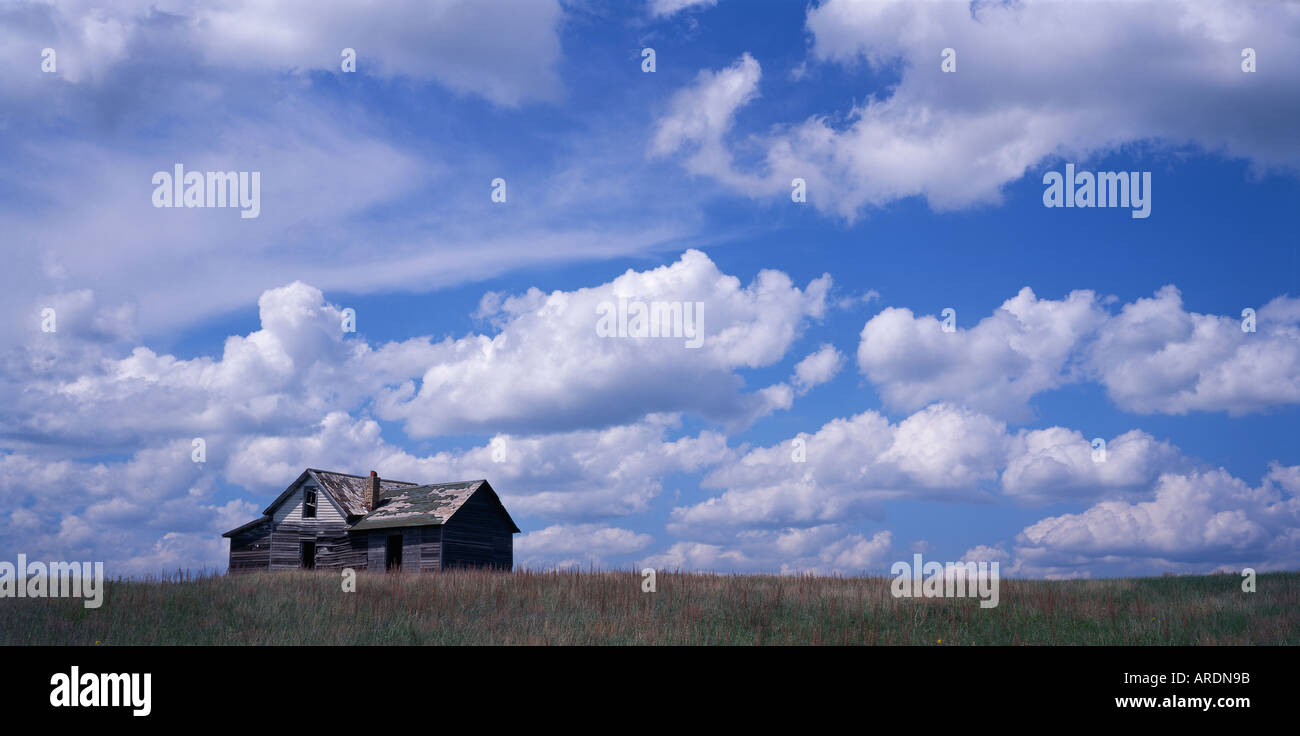 Abandoned prairie home with missing windows doors and roofing shingles ...