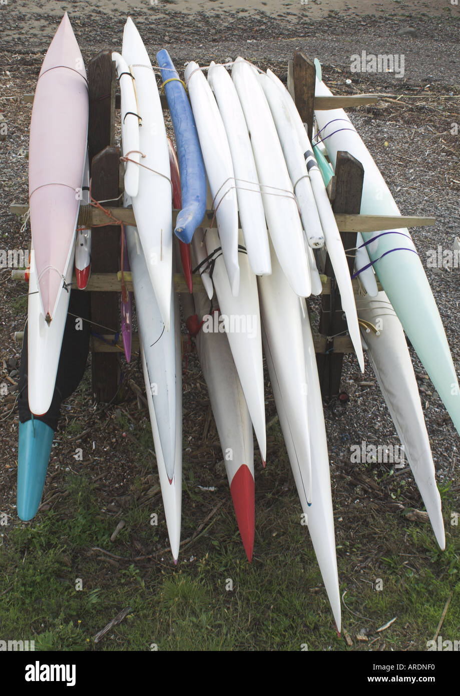 rack of kayaks rowing sculls and canoes Stock Photo - Alamy