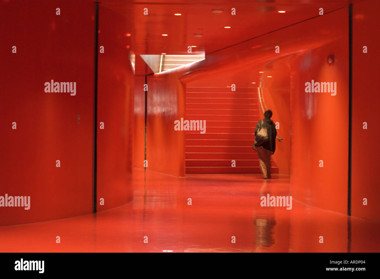 A red painted hallway leading to red stairs at the Seattle Washington ...