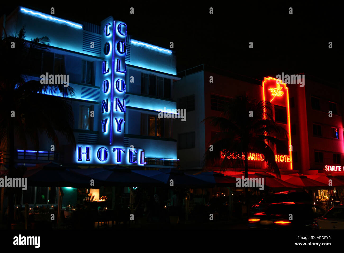 Colony Hotel and Boulevard Hotel Ocean Drive Miami beach at night ...