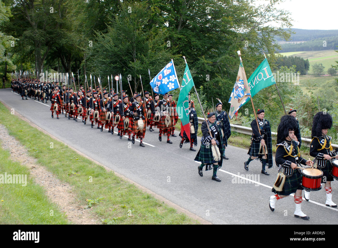 The Lonach Highlanders march to the Games Field in Strathdon. XPE 3640 ...