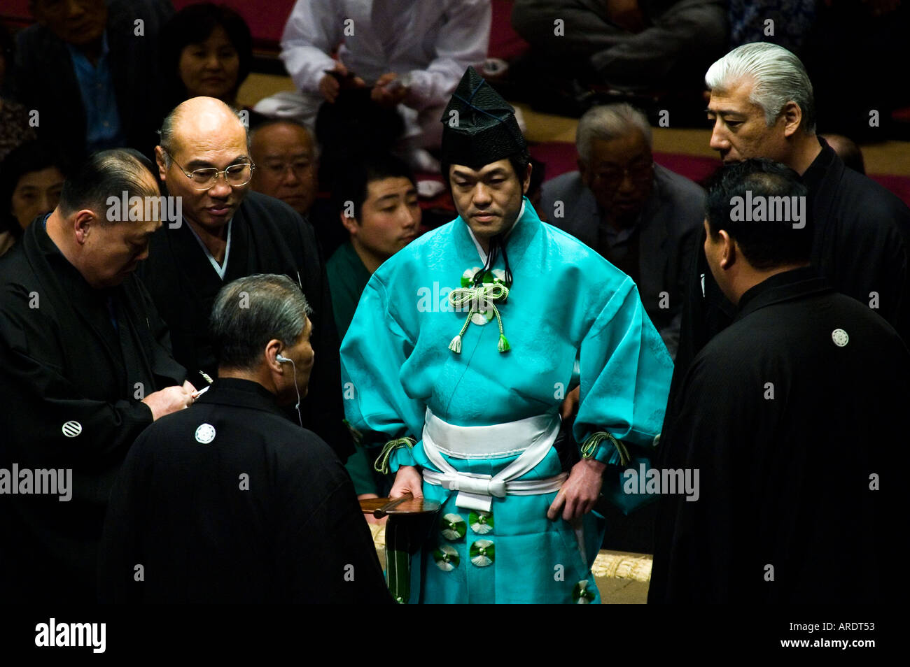 Sumo judges confer at the Ryogoku stadium in Tokyo Japan Stock Photo ...