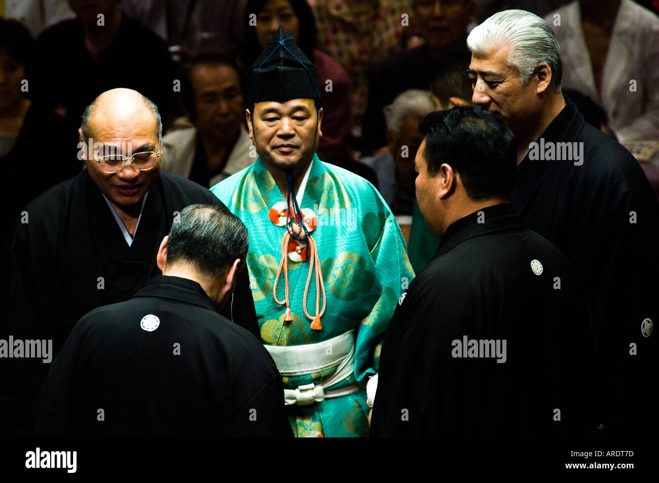 Sumo judges confer at the Ryogoku stadium in Tokyo Japan Stock Photo ...