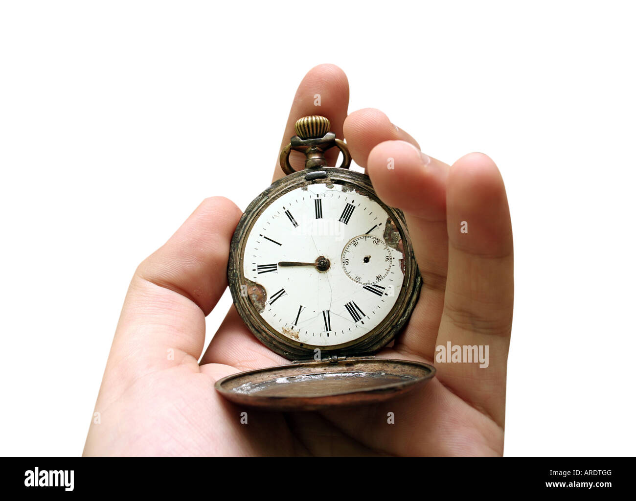 Antique pocket clock in a man hand; isolated on white Stock Photo - Alamy