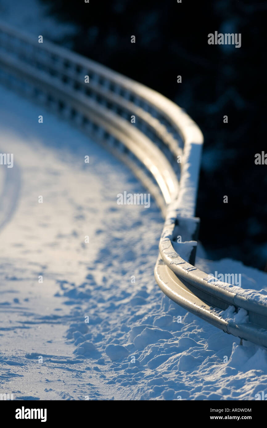 Metallic snowy road bridge railing at Winter , Finland Stock Photo - Alamy