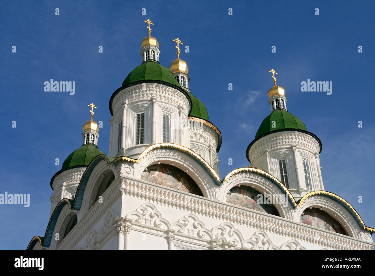 Traditional five dome cupola top of the Trinity Cathedral of Astrakhan ...