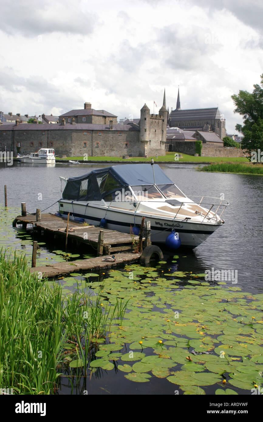 Pleasure boat moored on Lough Erne next to Enniskillen Castle, County ...