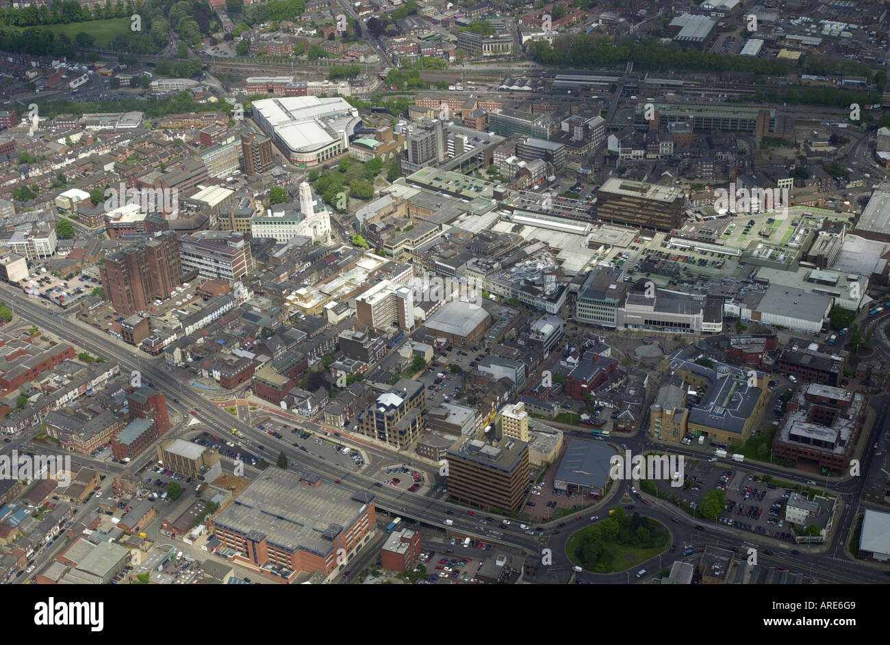 Aerial view of Luton Town Centre showing the white bell tower of the ...
