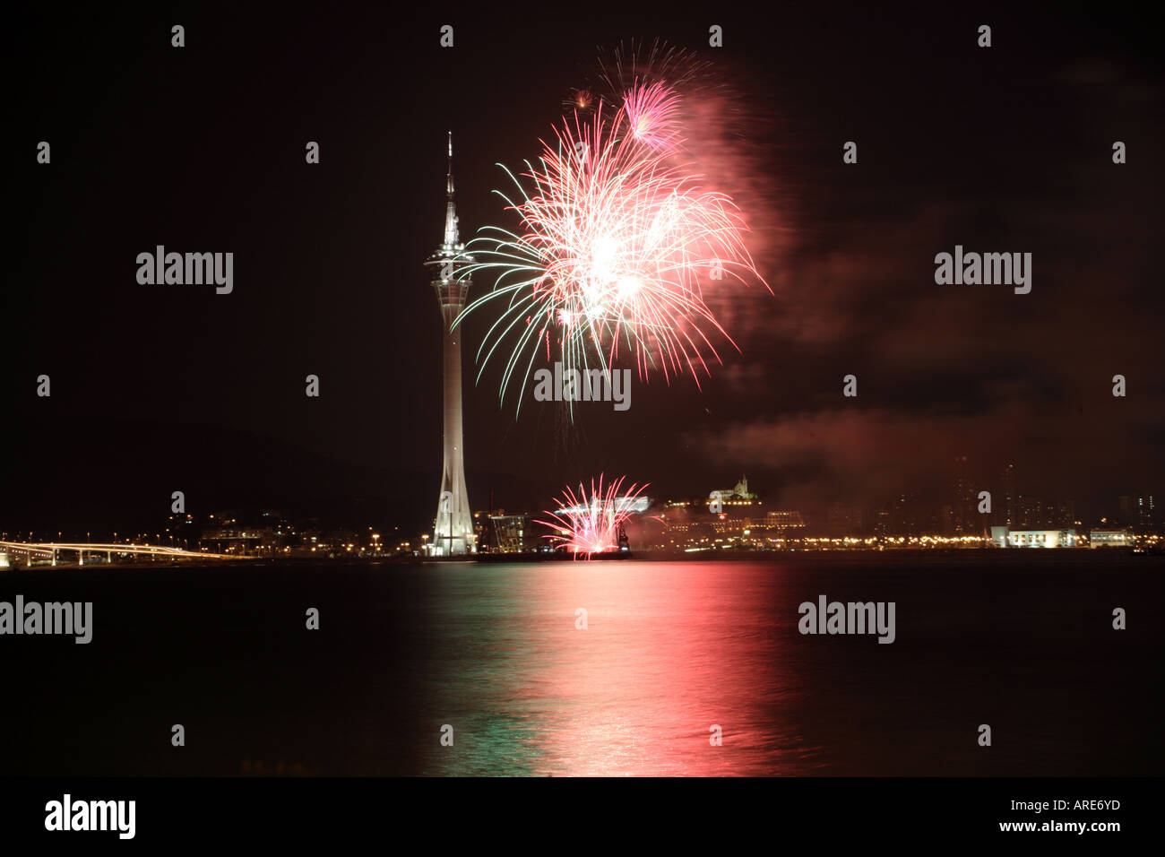 Fireworks beside the Macao Tower as the Macau International Fireworks ...
