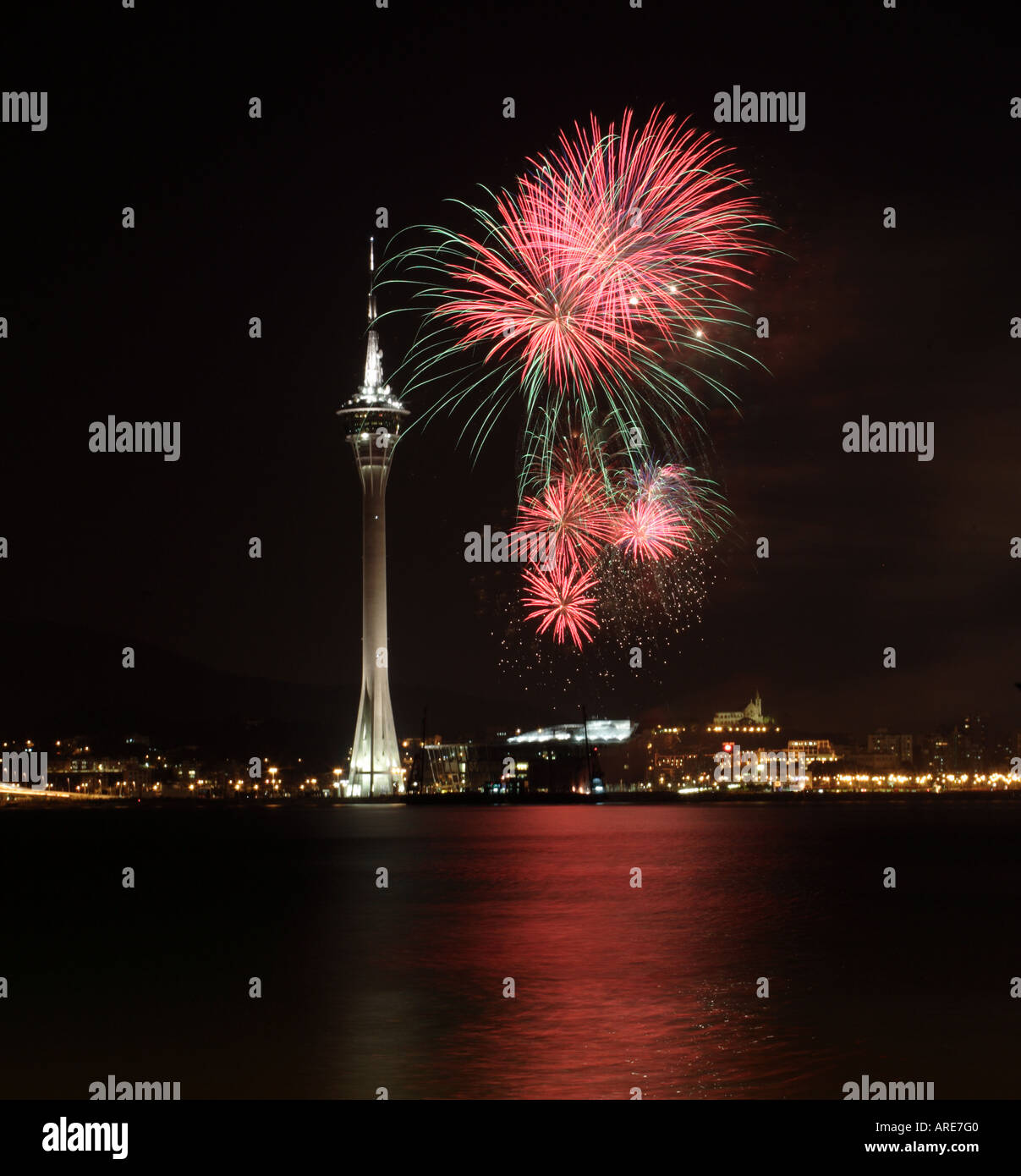 Fireworks beside the Macao Tower as the Macau International Fireworks ...