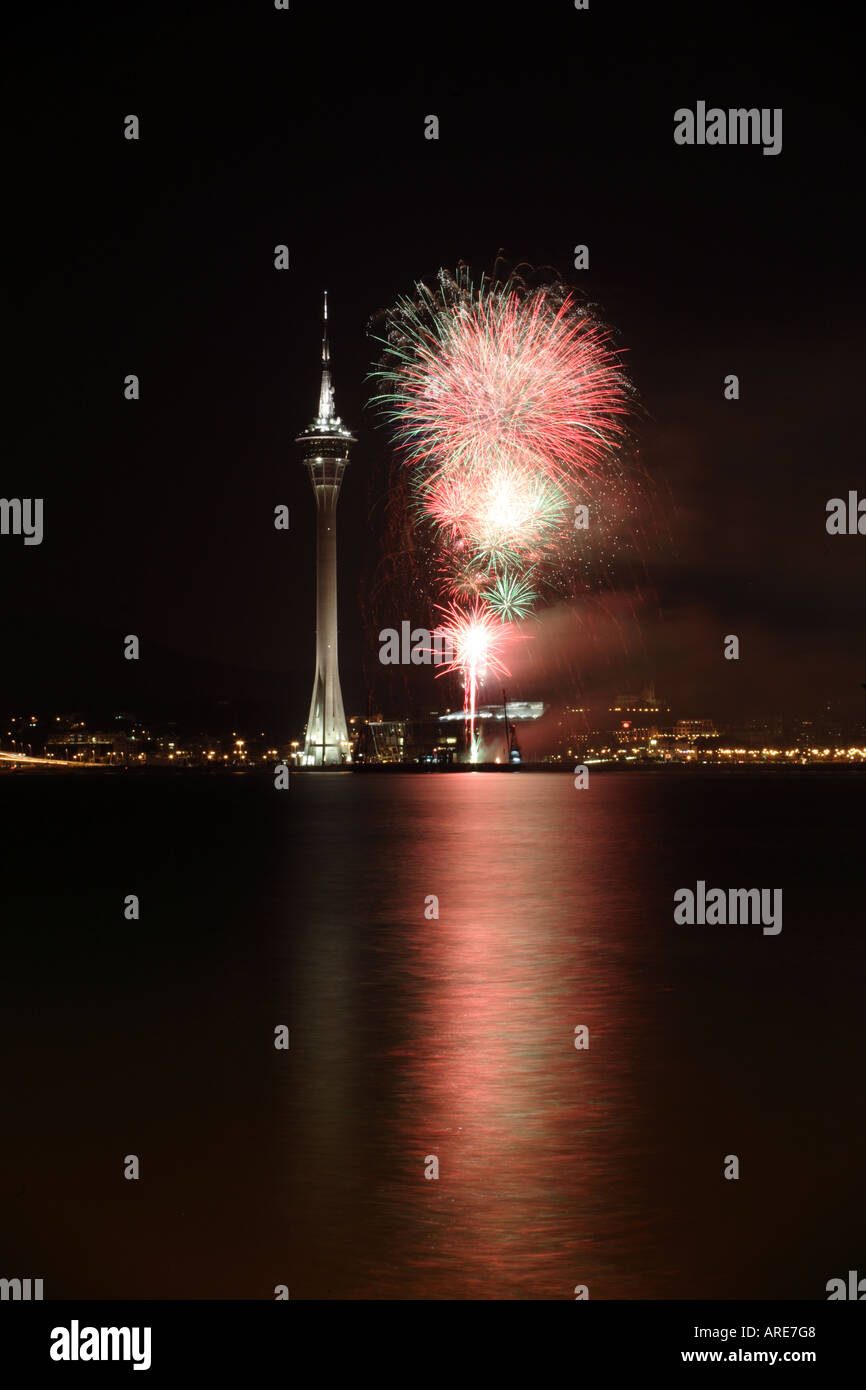 Fireworks beside the Macao Tower as the Macau International Fireworks ...