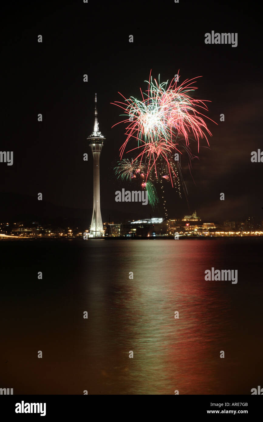 Fireworks beside the Macao Tower as the Macau International Fireworks ...