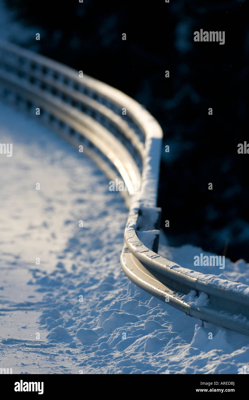 Metallic snowy road bridge railing at Winter , Finland Stock Photo - Alamy