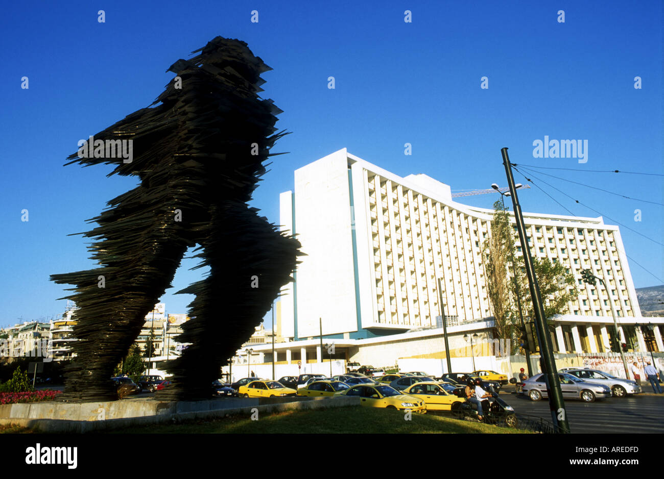 Glass statue in front of the Hilton Hotel in the centre of the city of ...