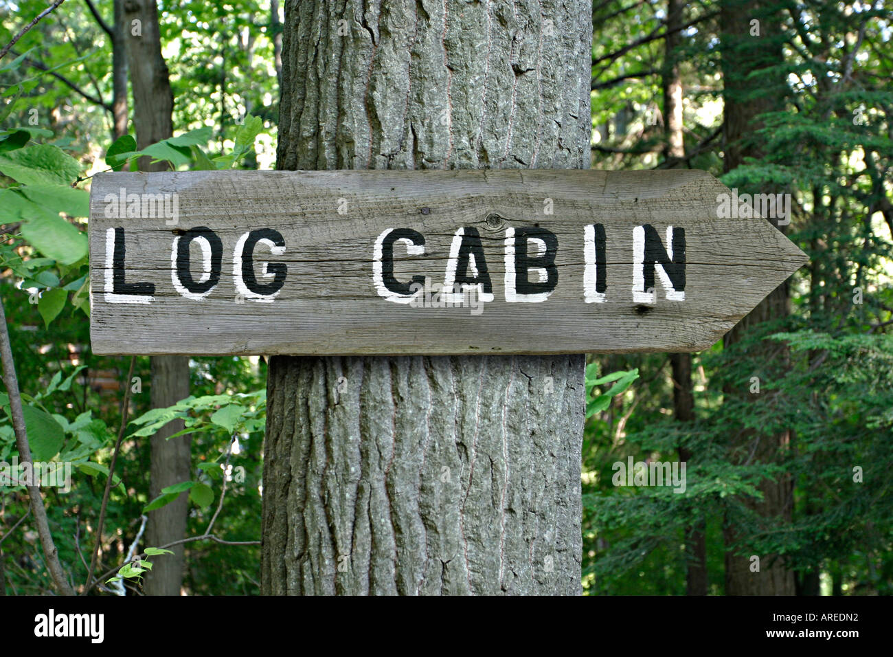 LOG CABIN weathered wooden directional sign Stock Photo - Alamy
