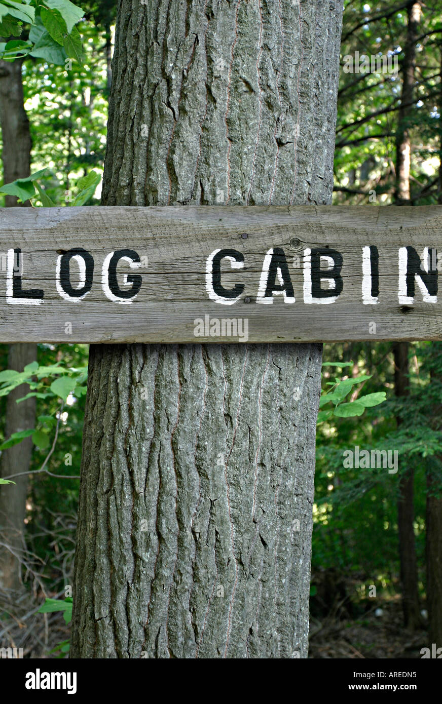 LOG CABIN weathered wooden sign Stock Photo - Alamy